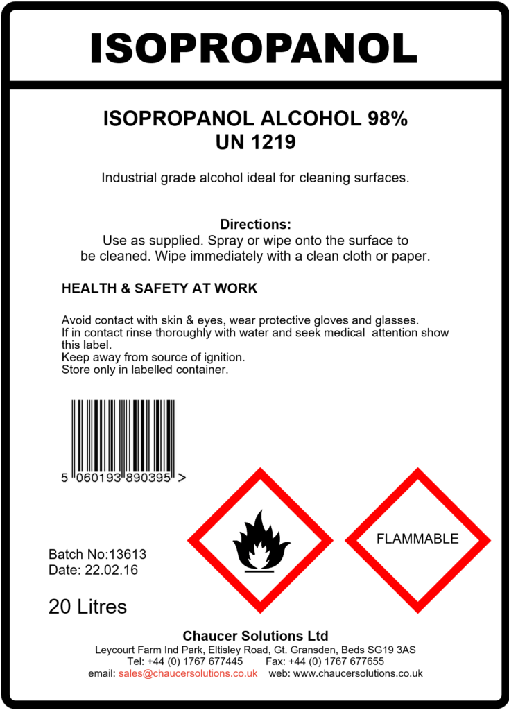 ISOPROPANOL ALCOHOL – 20 litres – Chaucer Solutions
